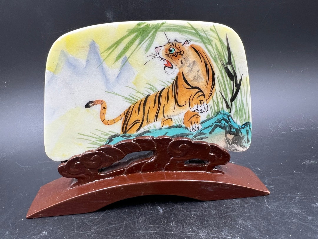 Bengal Tiger Bisque Porcelain Plaque in Wooden Stand Asian Vintage ...