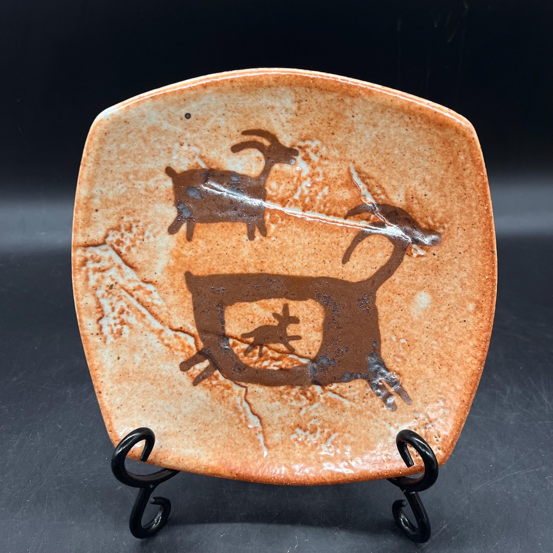 Art Pottery Square Display Plate Petroglyphs Signed Studio Pottery ...