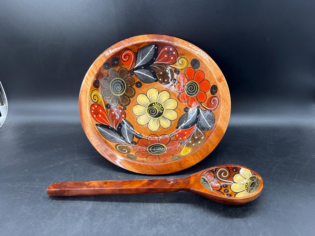 Wooden Batea Bowl With Serving Spoon Glittered Tole Painted Floral 12 ...