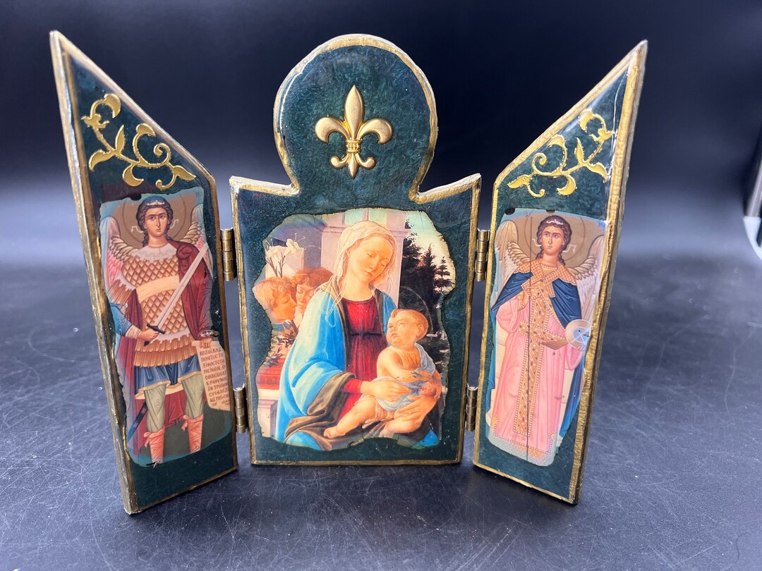Vintage TRIPTYCH Old World Gesso Gilt Wood Madonna and Child Angels ...