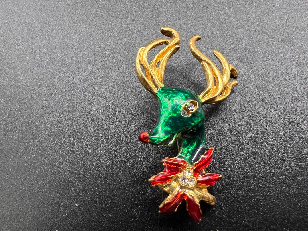 Vintage Rudolph Red Nosed Reindeer Small Brooch Pin Gold Tone Green and ...