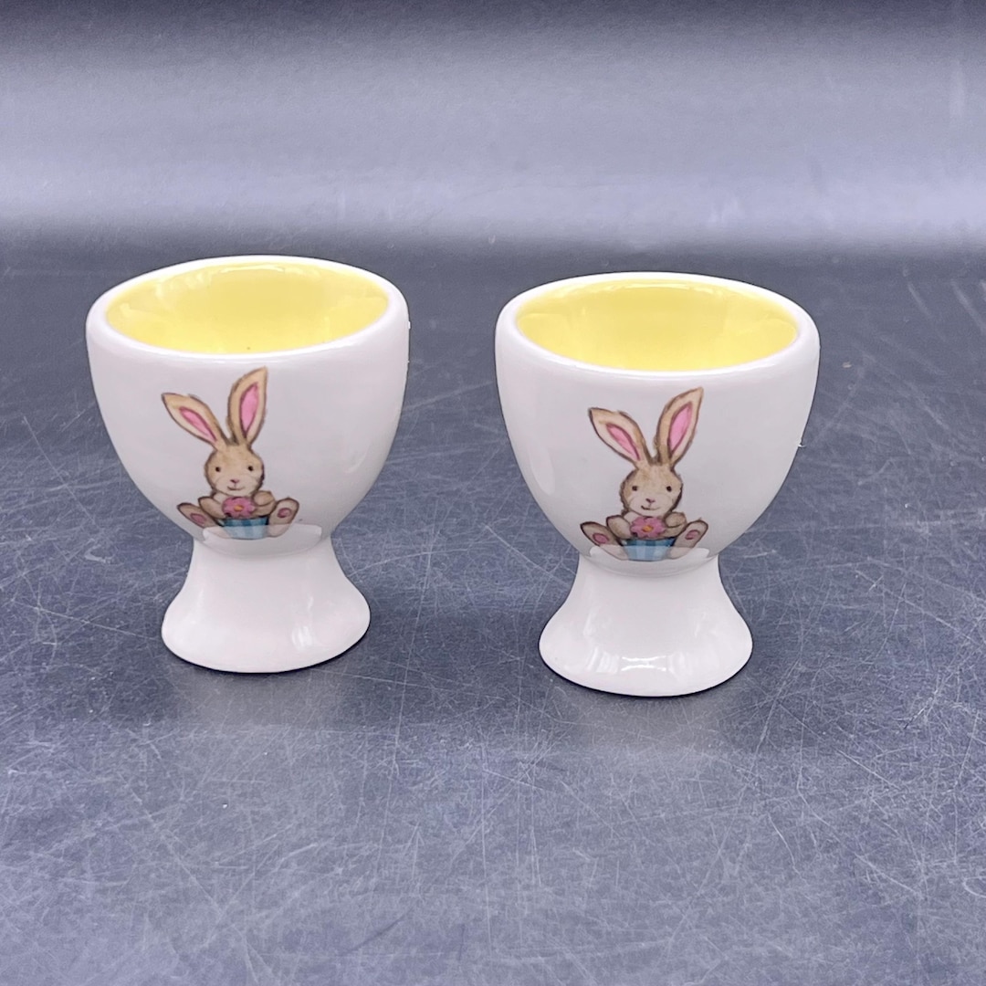 Easter Bunny Rabbit Springtime Egg Cups Yellow Interior Vintage Set of ...