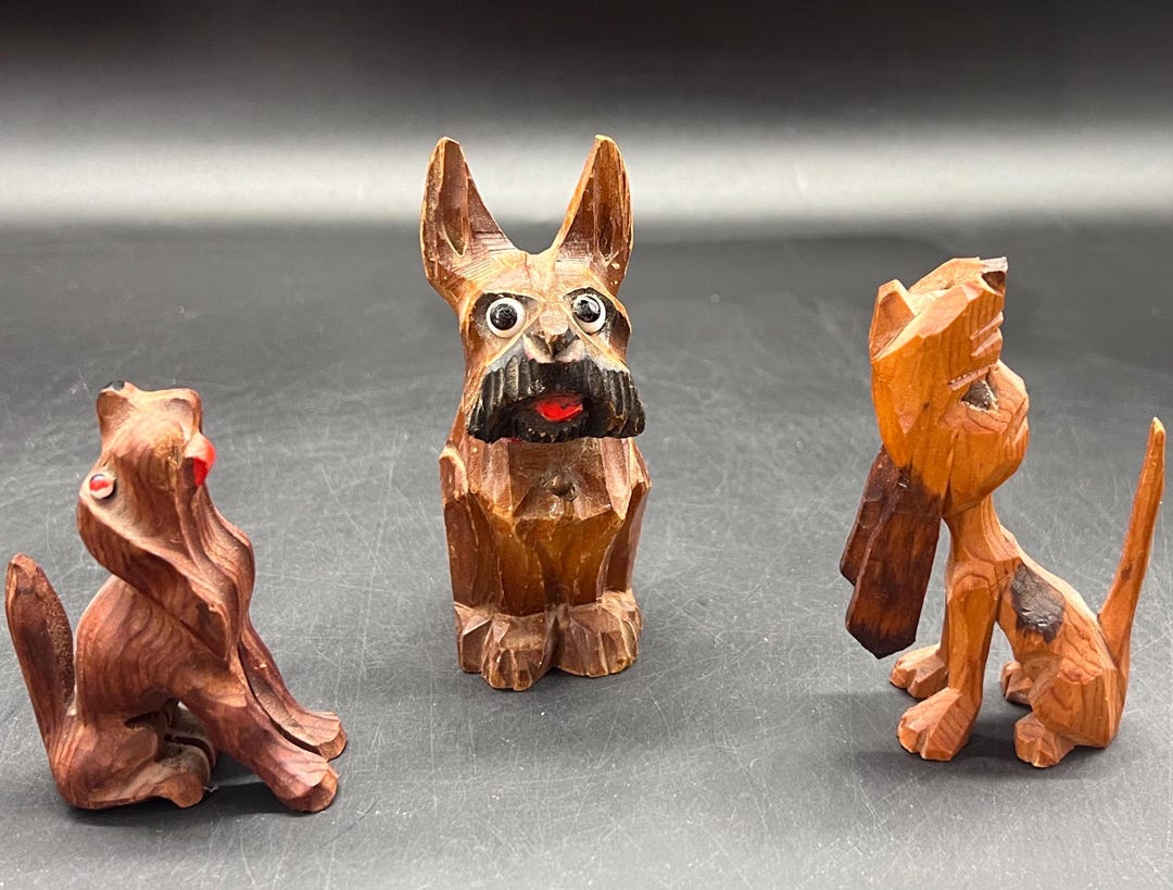 Vintage Hand Carved Wooden Dogs Set of 3 Scottish Terrier Bloodhound ...