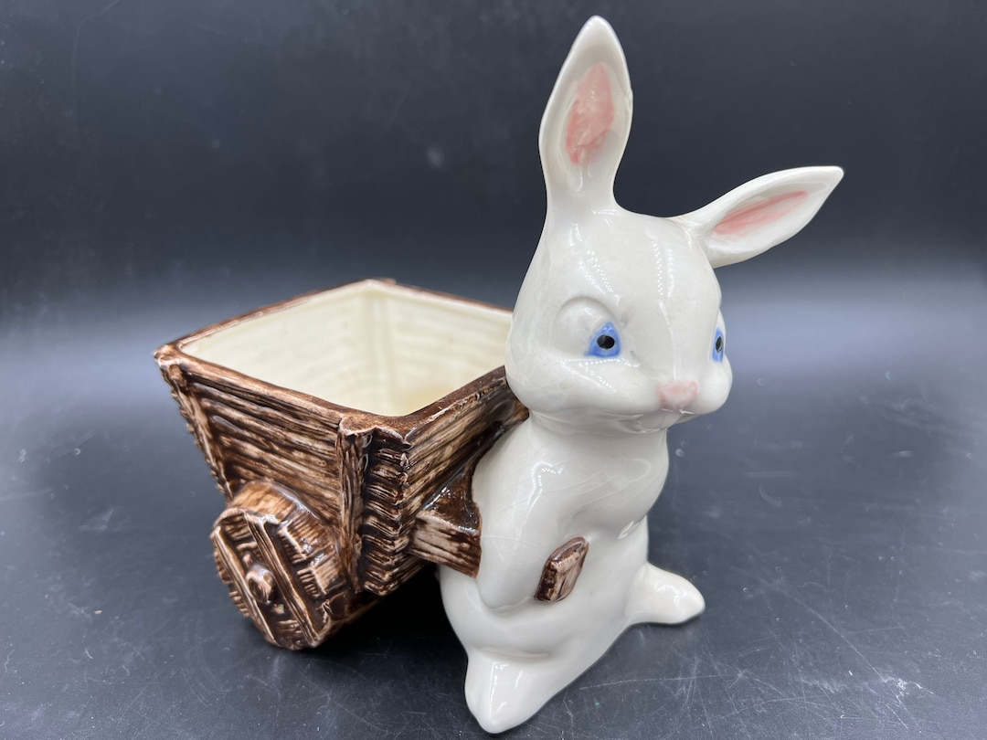 Bunny Rabbit Pulling Cart Planter Kitschy Ceramic Vintage Hand Painted ...