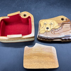 Dog Puzzle Box Mixed Wood Velvety Red Lined Vintage Intarsia - Etsy