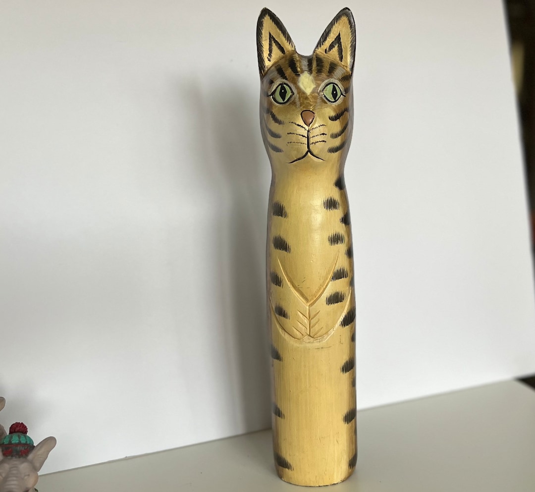 Tabby Cat Totem Carved Wood Indonesian Feline Hand Painted Vintage - Etsy