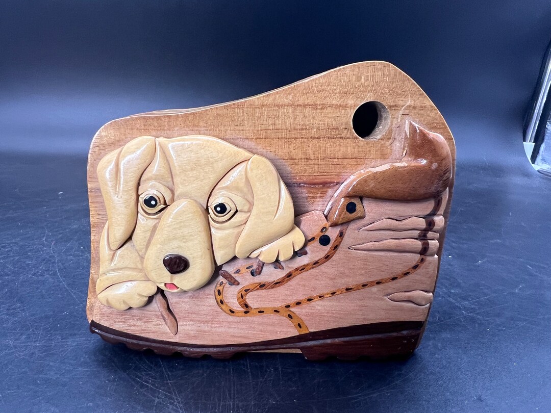 Dog Puzzle Box Mixed Wood Velvety Red Lined Vintage Intarsia - Etsy