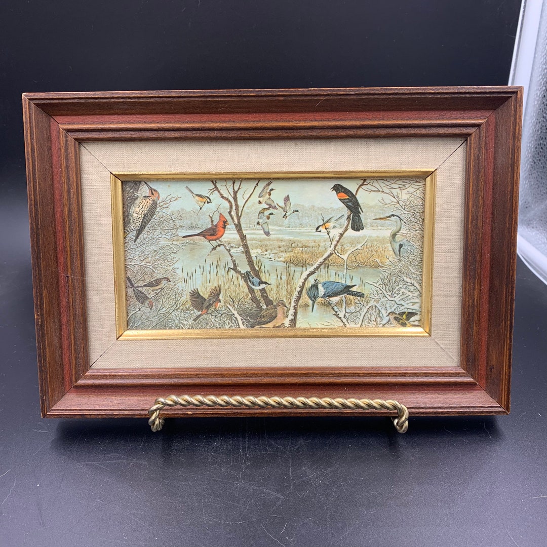 Winter Bird Art Print Wood Frame Wintry Bird Scene Small Art - Etsy