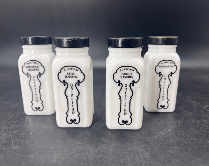 Griffith’s Milk Glass Glass Spice Jars Black Lids Lettering Art Deco ...