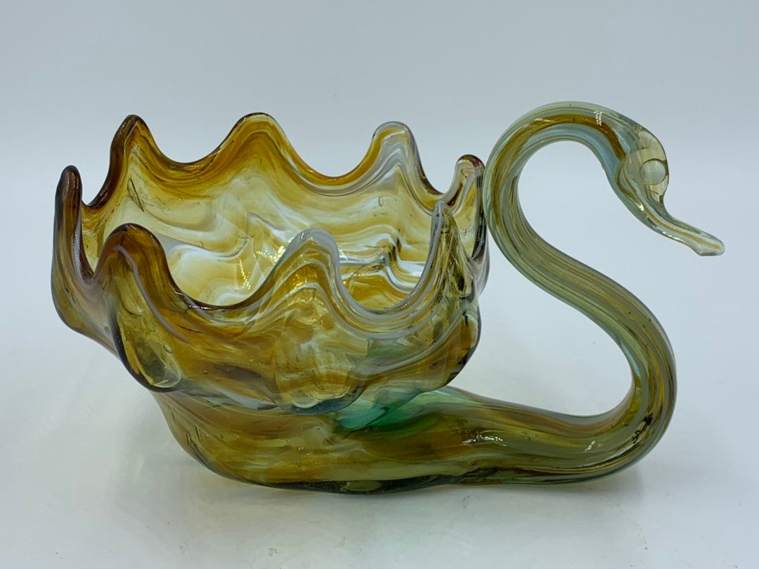 Sooner Glass Swan Bowl Amber Brown Earth Tones Autumn Fall Blown Glass ...