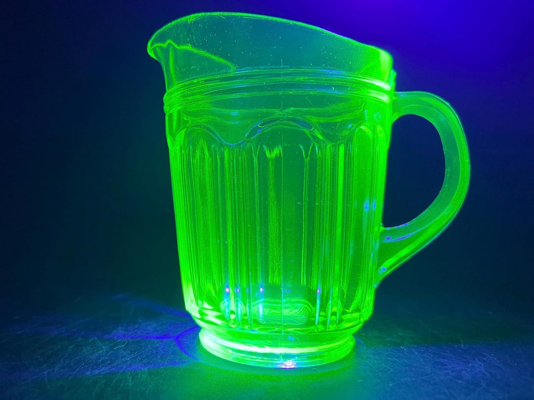 Green 1930s Depression Small Uranium Glass Pitcher Glows FREE SHIPPING ...