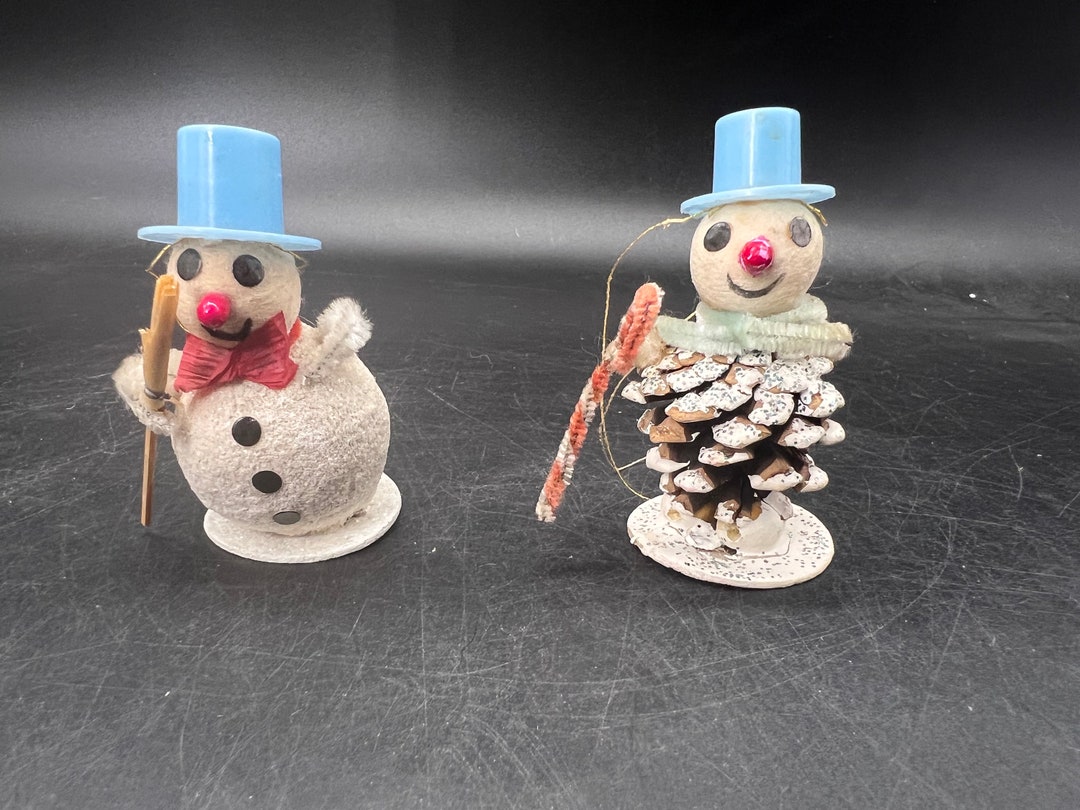 Vintage Christmas Putz Mica Pinecone and Roly Poly Snowmen Top Hat ...