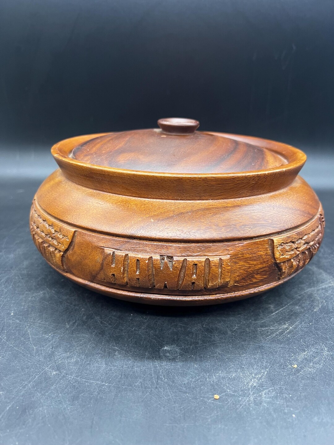 Hawaiian 10” Turned Wood Lidded Bowl With Carved Accents HAWAII Tiki ...