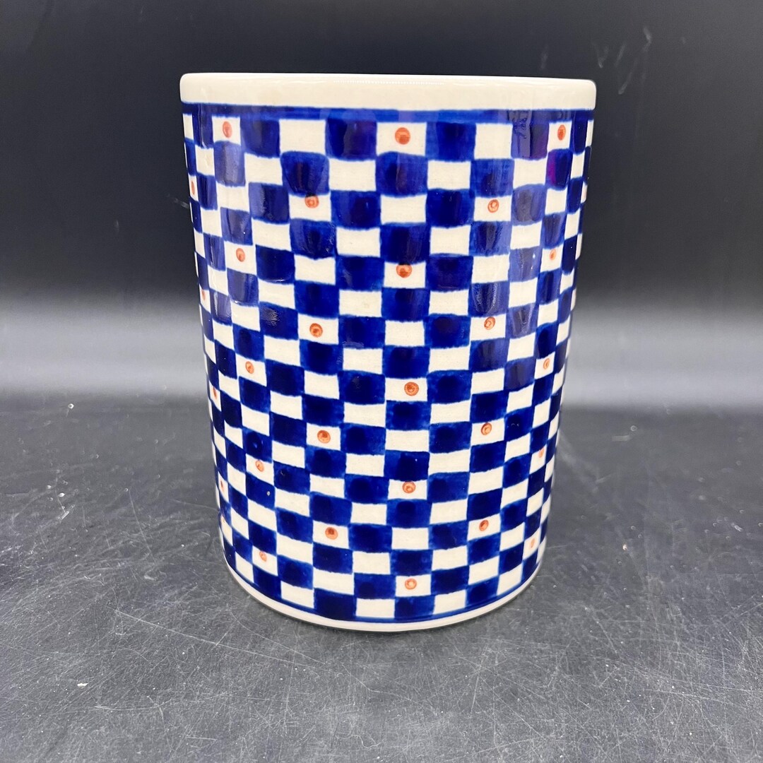 Boleslawiec Polish Pottery Crock Utensil Holder Indigo Checkerboard ...
