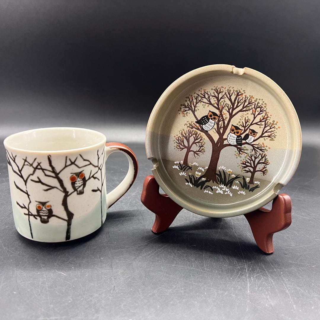 Vintage Otagiri Stoneware Ashtray Owls in a Tree With Mug Made in Japan ...