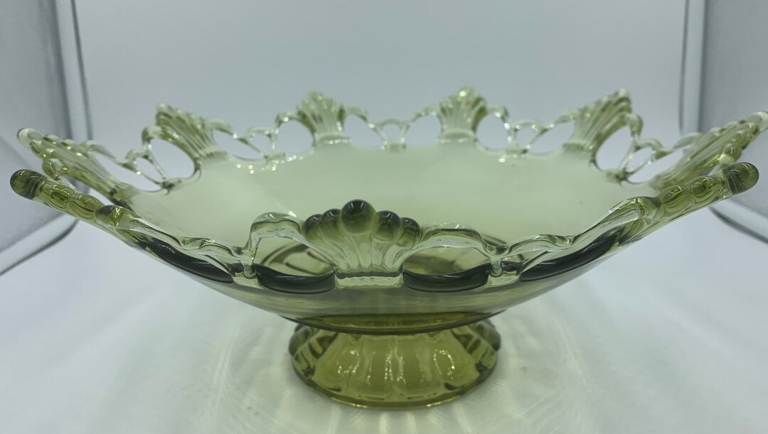 Westmoreland Ring and Petal Footed Glass Bowl Olive Green Vintage FREE ...