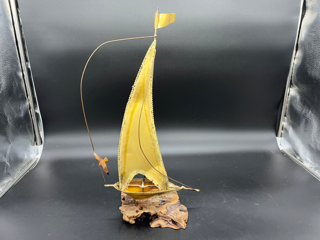 Brutalist Metal Sailboat Sculpture by Yosi Burl Wood Mounted Signed ...