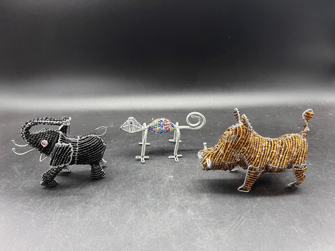 Beaded Wired Animal Figures Sculptures Warthog Elephant Chameleon Set ...