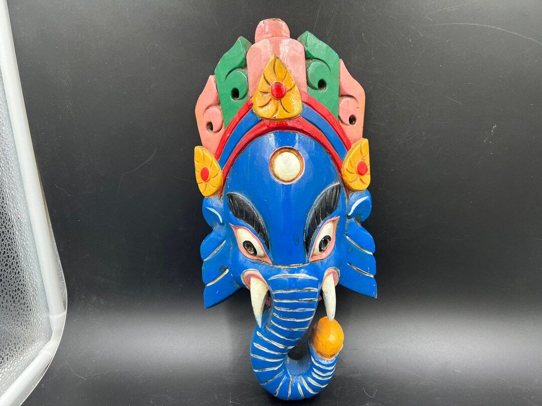 Ganesha Painted Wooden Mask Elephant Hindu God Nepal Tibetan Vintage ...