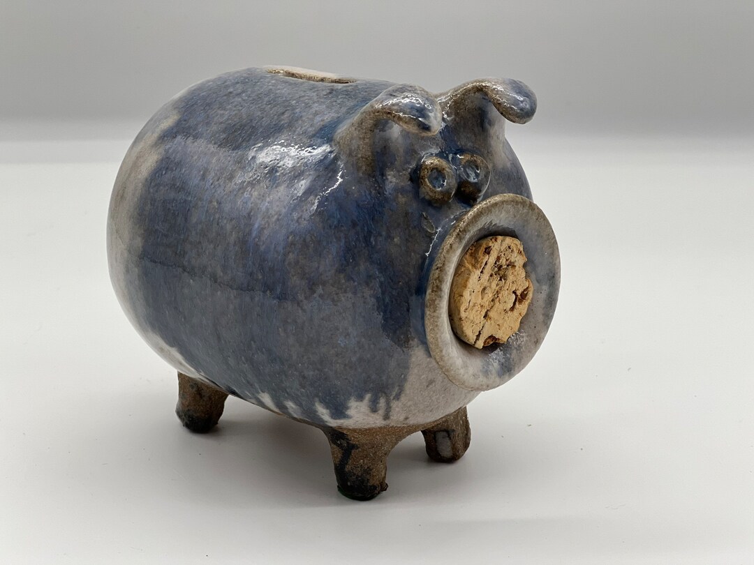 Piggy Bank Stoneware Pottery Oversized Cork Snout Blue Drip Glaze - Etsy