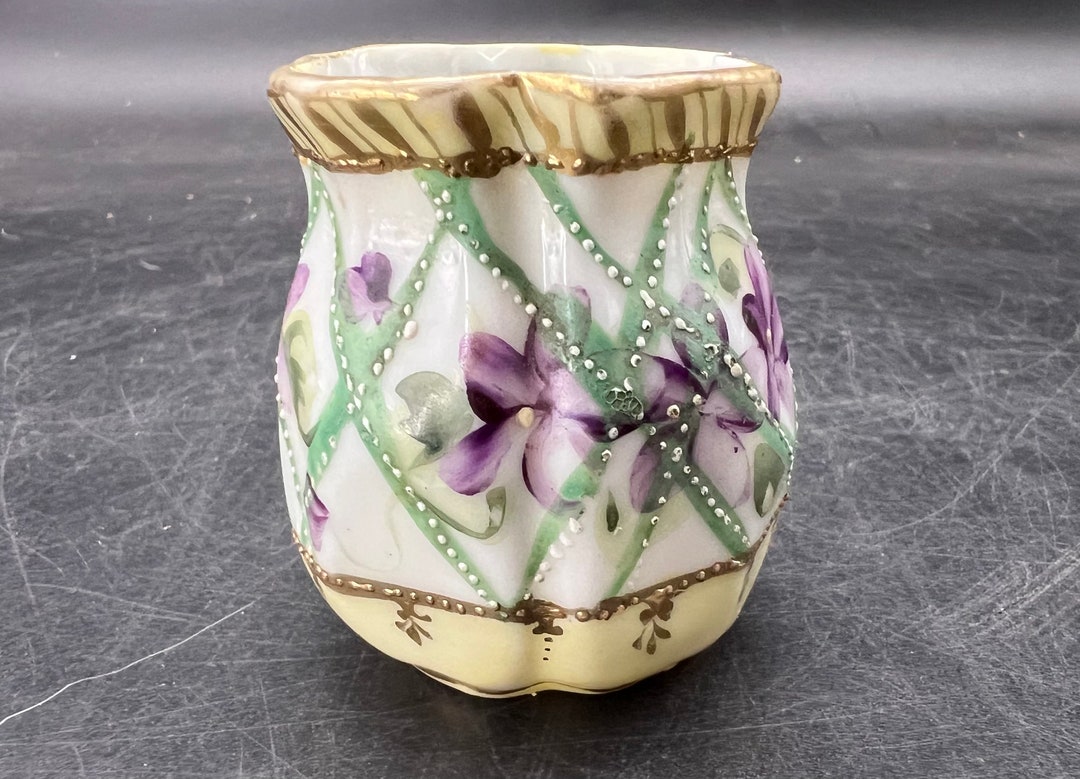 Nippon Miniature Eggshell Vase Pot Moriage Handpainted Purple Flowers ...