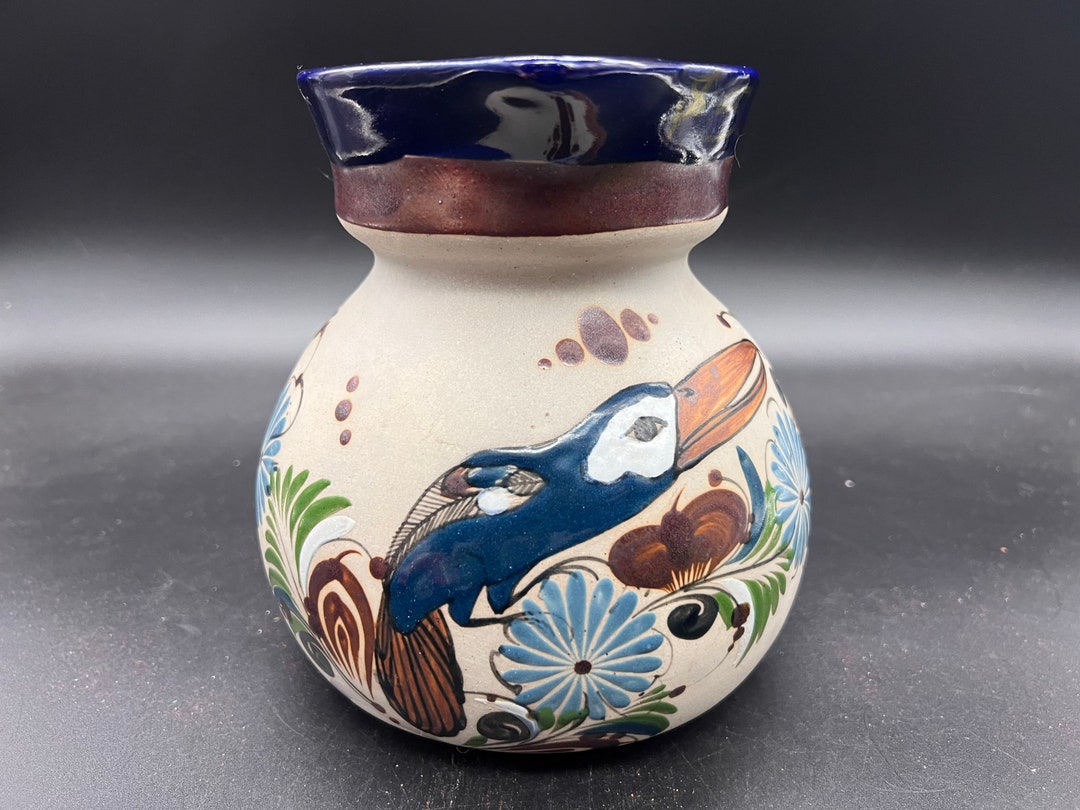 Tonala Pottery Pitcher Vase Toucan Bird Hand Painted Mexican Folk Art ...