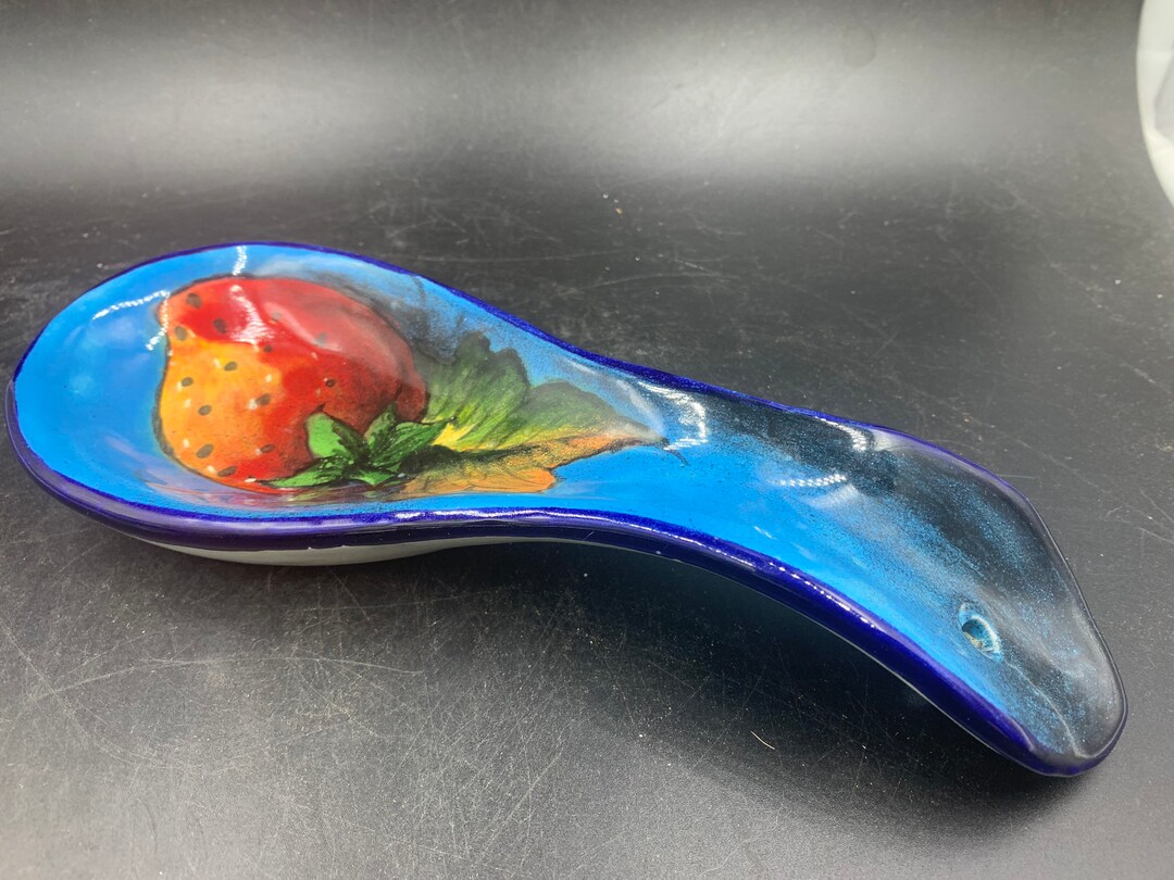 Italian Majolica Strawberry Spoon Rest, Blue Glazed Terra Cotta - Etsy
