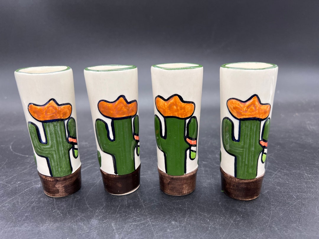 Tonala Pottery Shot Glasses Cactus Motif Tequila Hand Painted Mexico ...