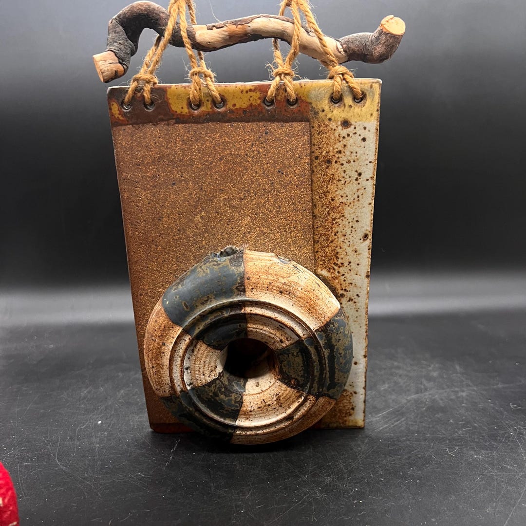 Spurlock Art Pottery Wall Vase Abstract Primitive Brown Black Stoneware ...