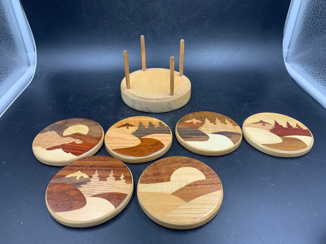 Wood Inlay Coasters With Caddy Marquetry Drink Beverage 3.5 Set of 6 ...