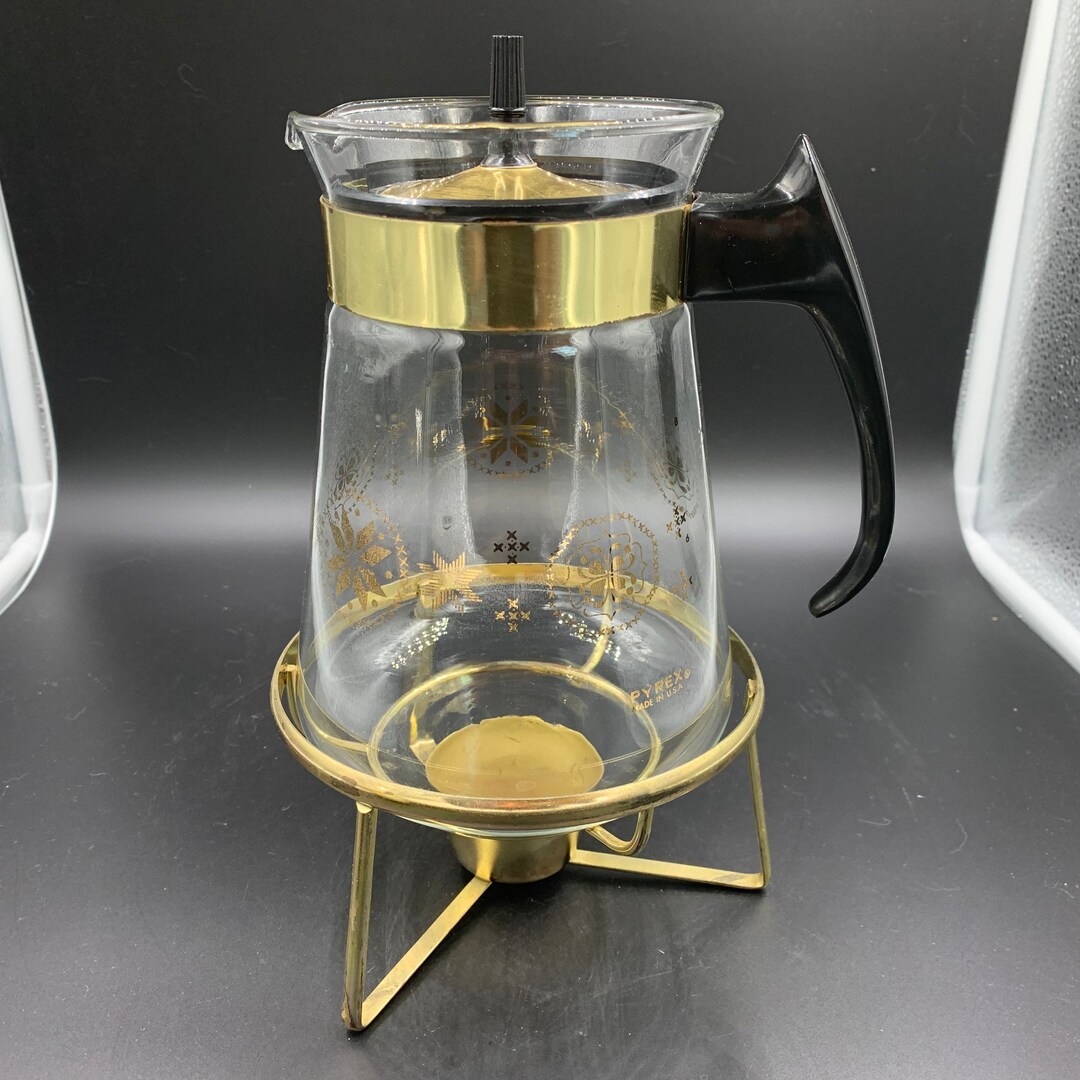 Pyrex Coffee Pot and Brass Warmer Stand Snowflake Pattern Gold and ...