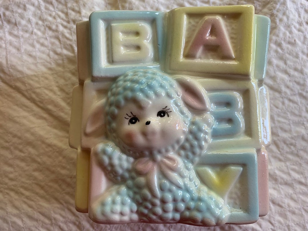Ceramex Del Norte Baby Planter Lamb Blocks Spell BABY Vintage Blue Pink ...