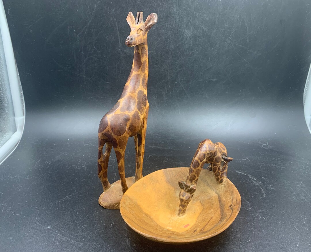 Giraffes Carved Wooden Standing Figure and Giraffe Bowl Set of Two ...
