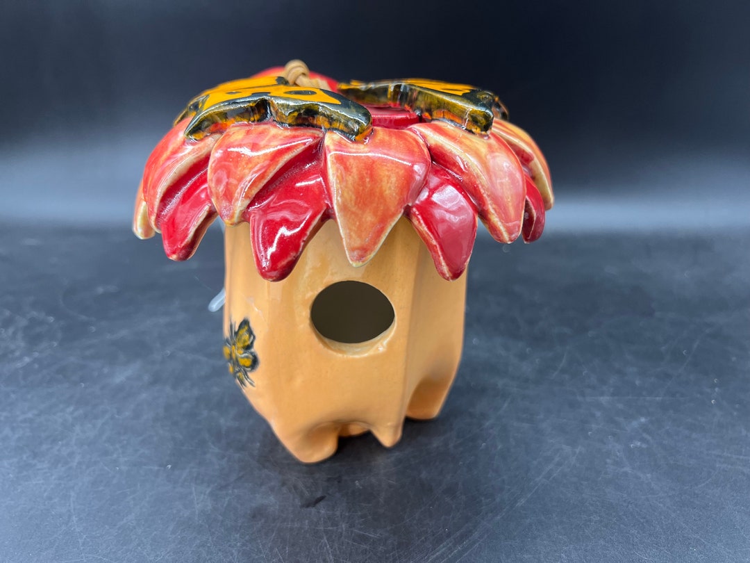 Studio Pottery Birdhouse Peachy Orange and Red Butterflies Bird Finial ...