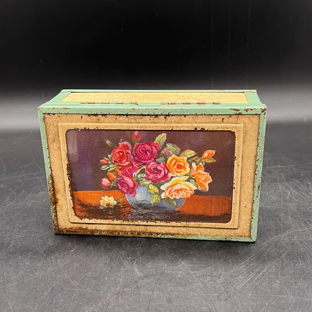 Antique Divided Metal and Wood Box With Floral Lithograph Inset FREE ...