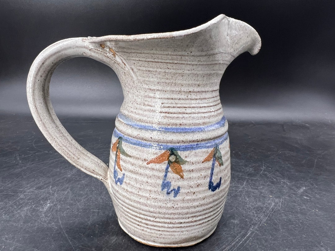 Studio Pottery Pitcher Handpainted Blue Brick Vintage Signed Chadwick ...