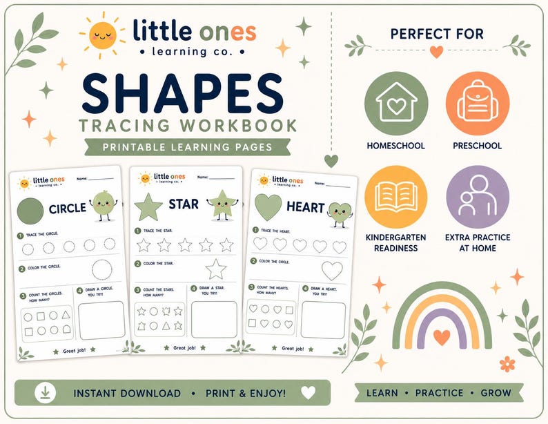 Shapes Tracing Workbook | Preschool Printable Learning Pages (instant ...