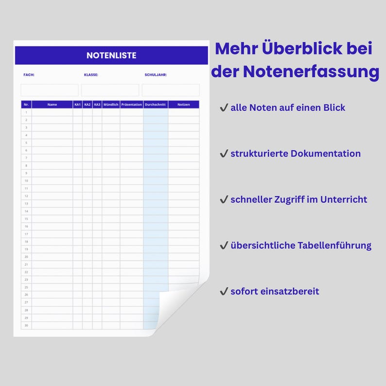 Grade Sheet for Teachers | PDF Template A4 | Teacher Grade Overview ...