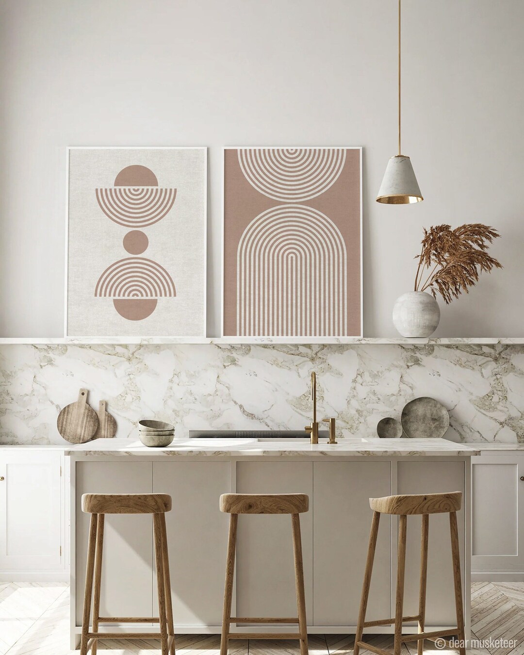 Beige Arches Abstract Art Print Pair, Linen Texture, Organic ...