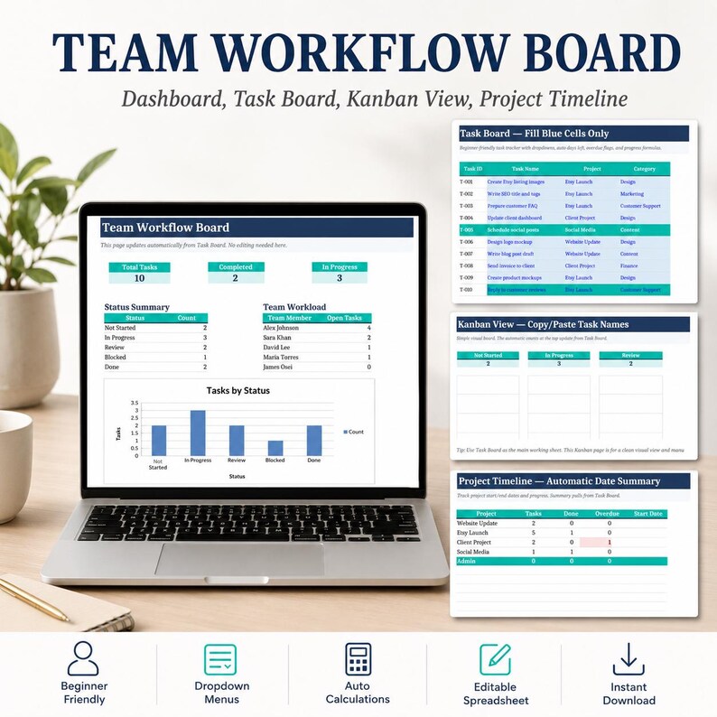 Team Workflow Board Spreadsheet, Project Management Excel Template ...