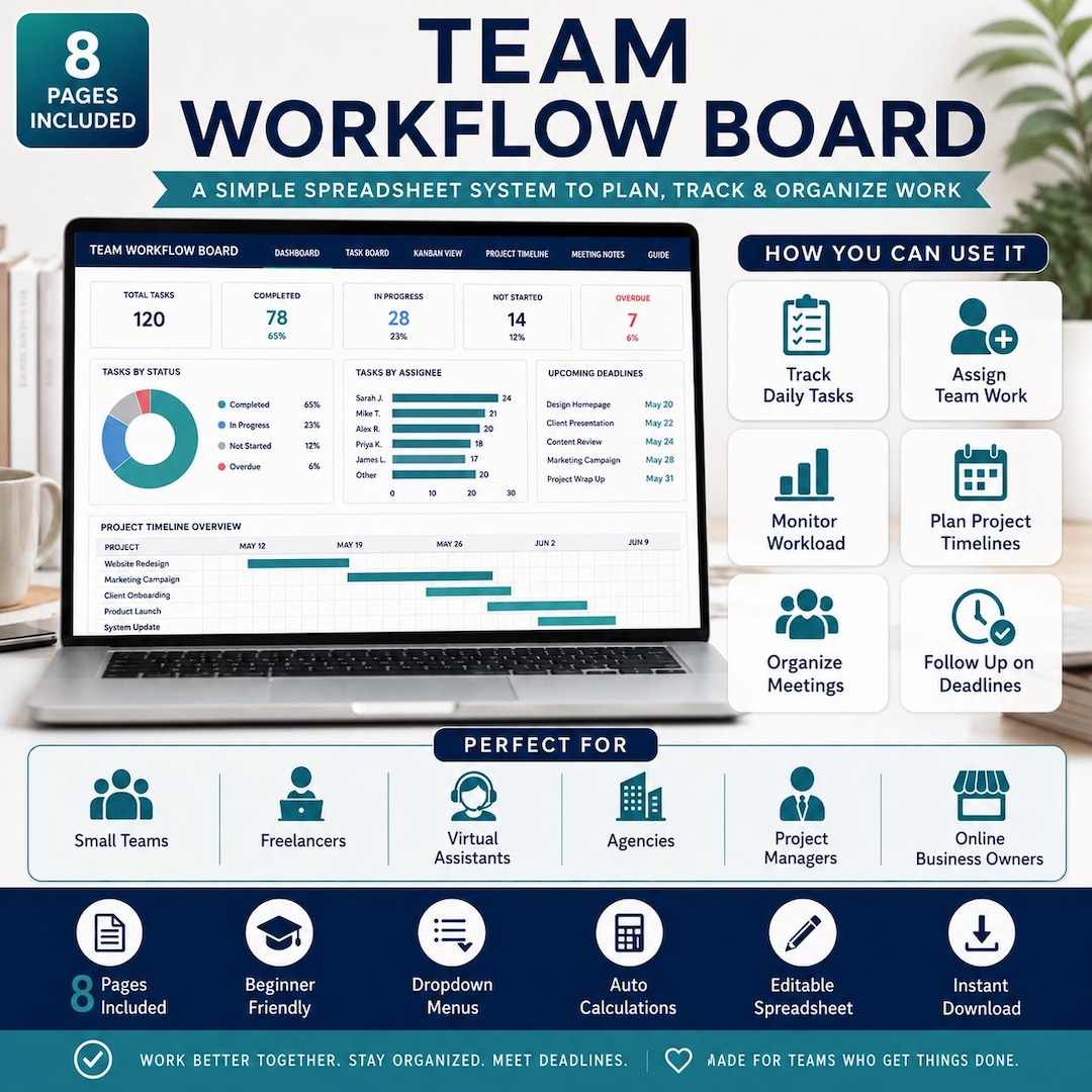 Team Workflow Board Spreadsheet, Project Management Excel Template ...