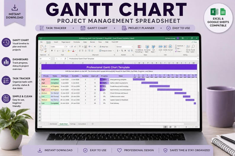 Gantt Chart Project Management Template | Excel Google Sheets Dashboard ...