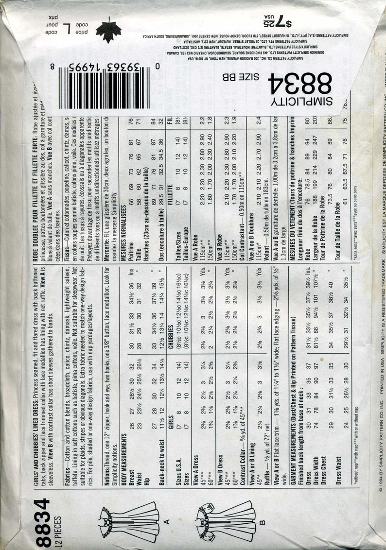 Jessica Mcclintock Dress Sewing Pattern: Simplicity 8834, Girl Size 8 ...