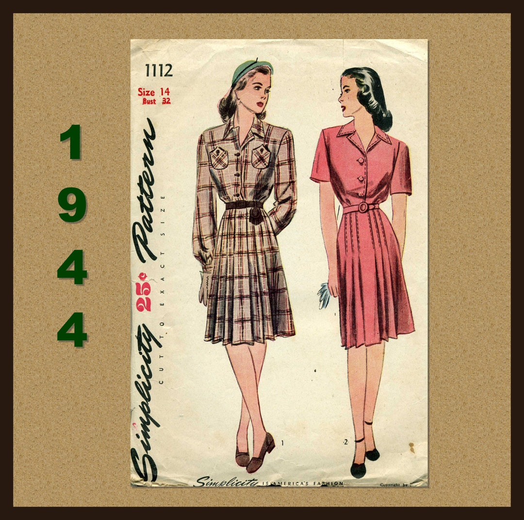 Simplicity 1112, Vintage 1940s, WWII Era, Shirtwaist Dress With Pleated ...