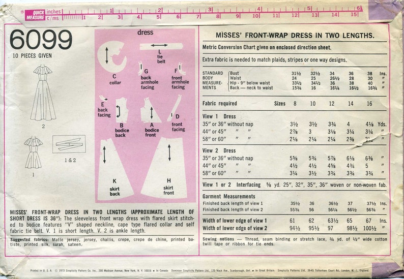 Simplicity 6099 Front Wrap Dress 1970s Sewing Pattern for Maxi or Short ...