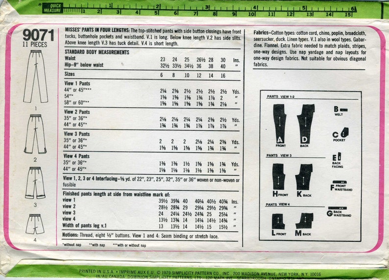 Simplicity 9071 Vintage Late 1970s Misses' Long Pants - Etsy