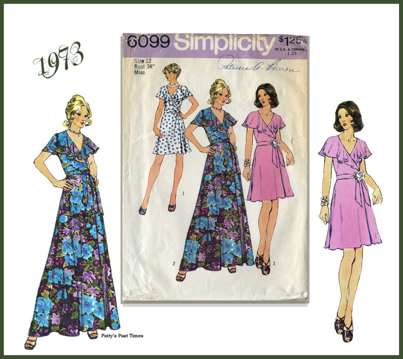 Simplicity 6099 Front Wrap Dress 1970s Sewing Pattern for Maxi or Short ...