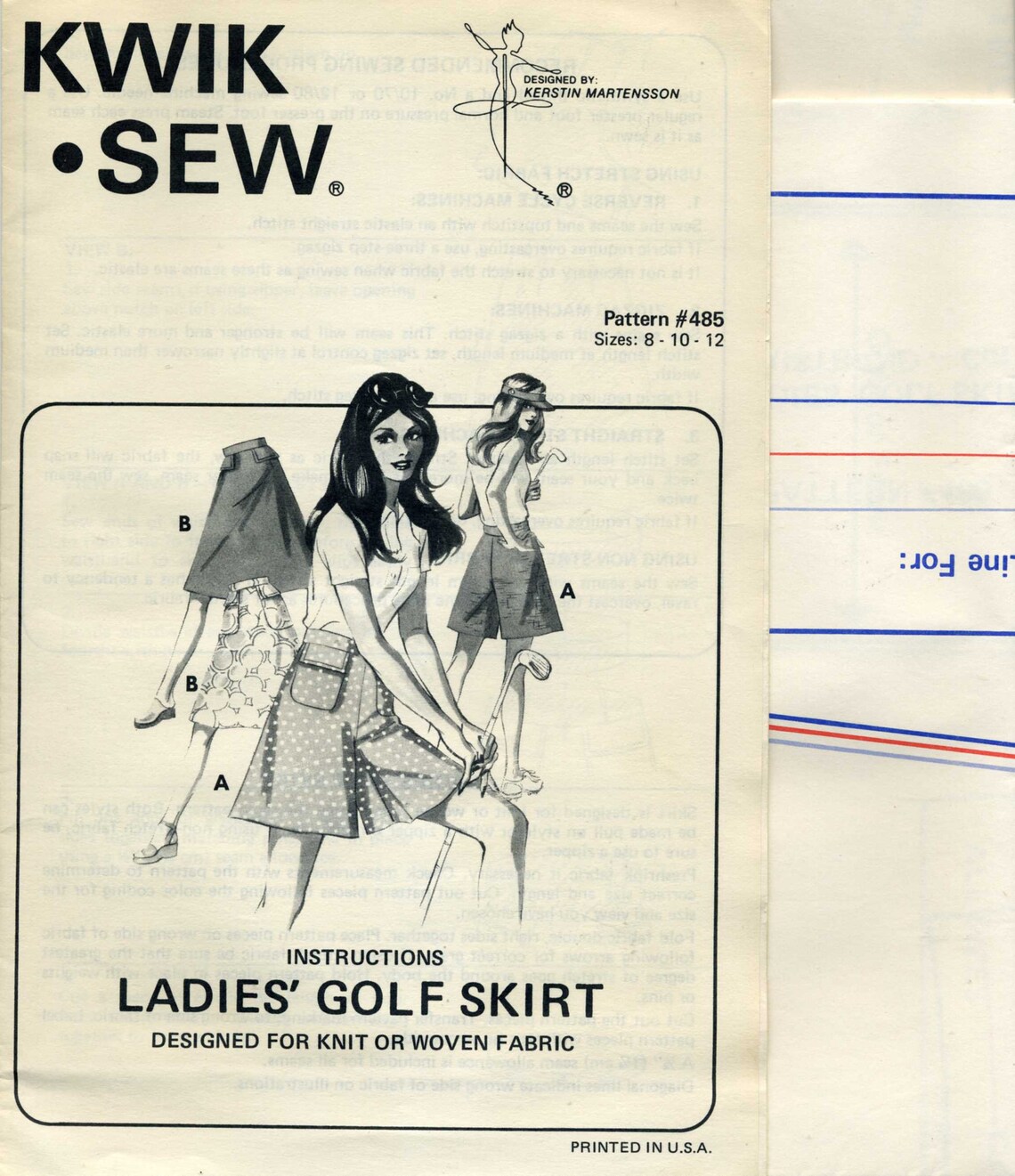 Kwik Sew 485, Vintage 1970's Sewing Pattern for Ladies' Golf Skirt, Pant Skirt, Pull on or Zip ...