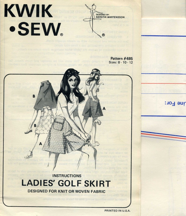 Kwik Sew 485, Vintage 1970's Sewing Pattern for Ladies' Golf Skirt ...