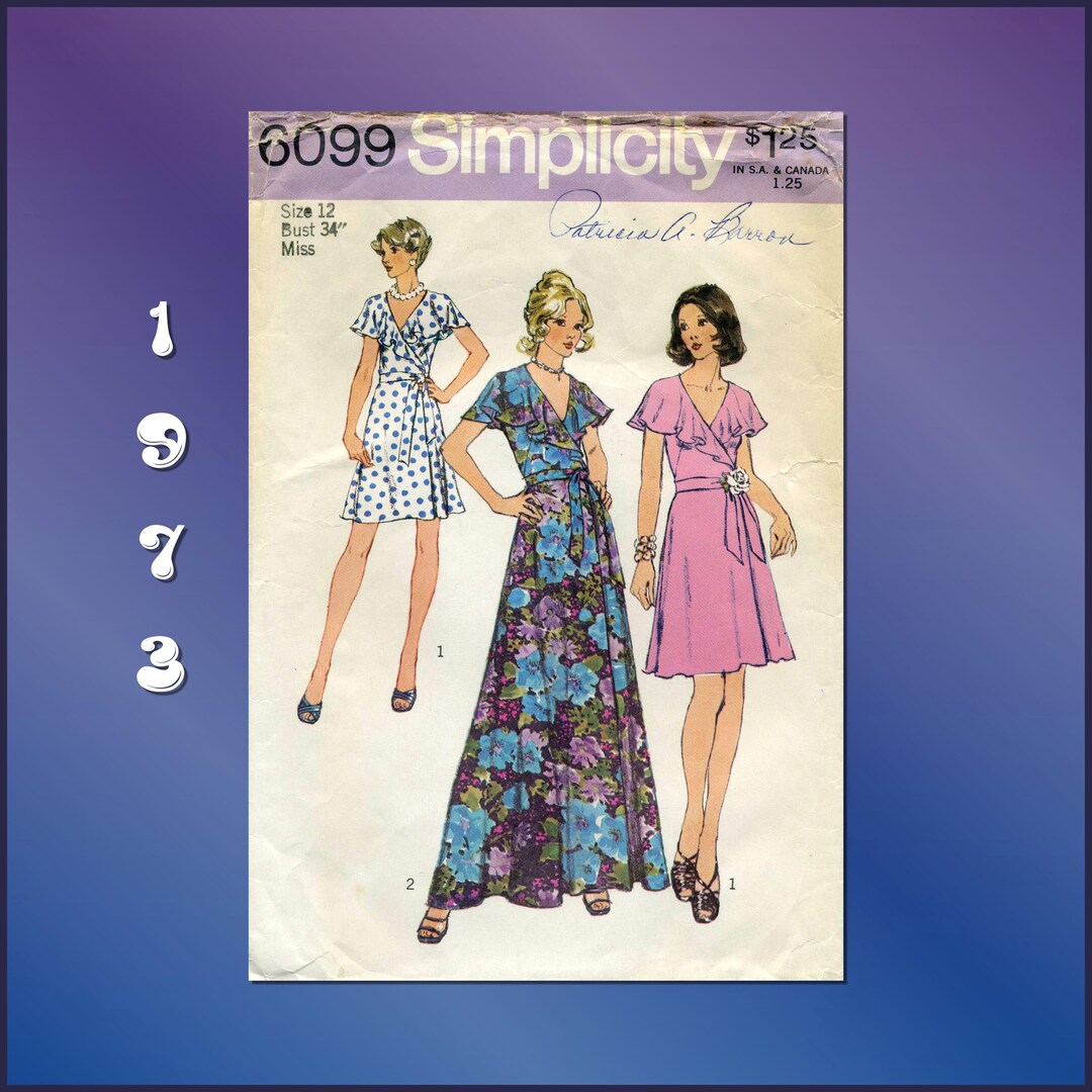 Simplicity 6099 Front Wrap Dress 1970s Sewing Pattern for Maxi or Short ...